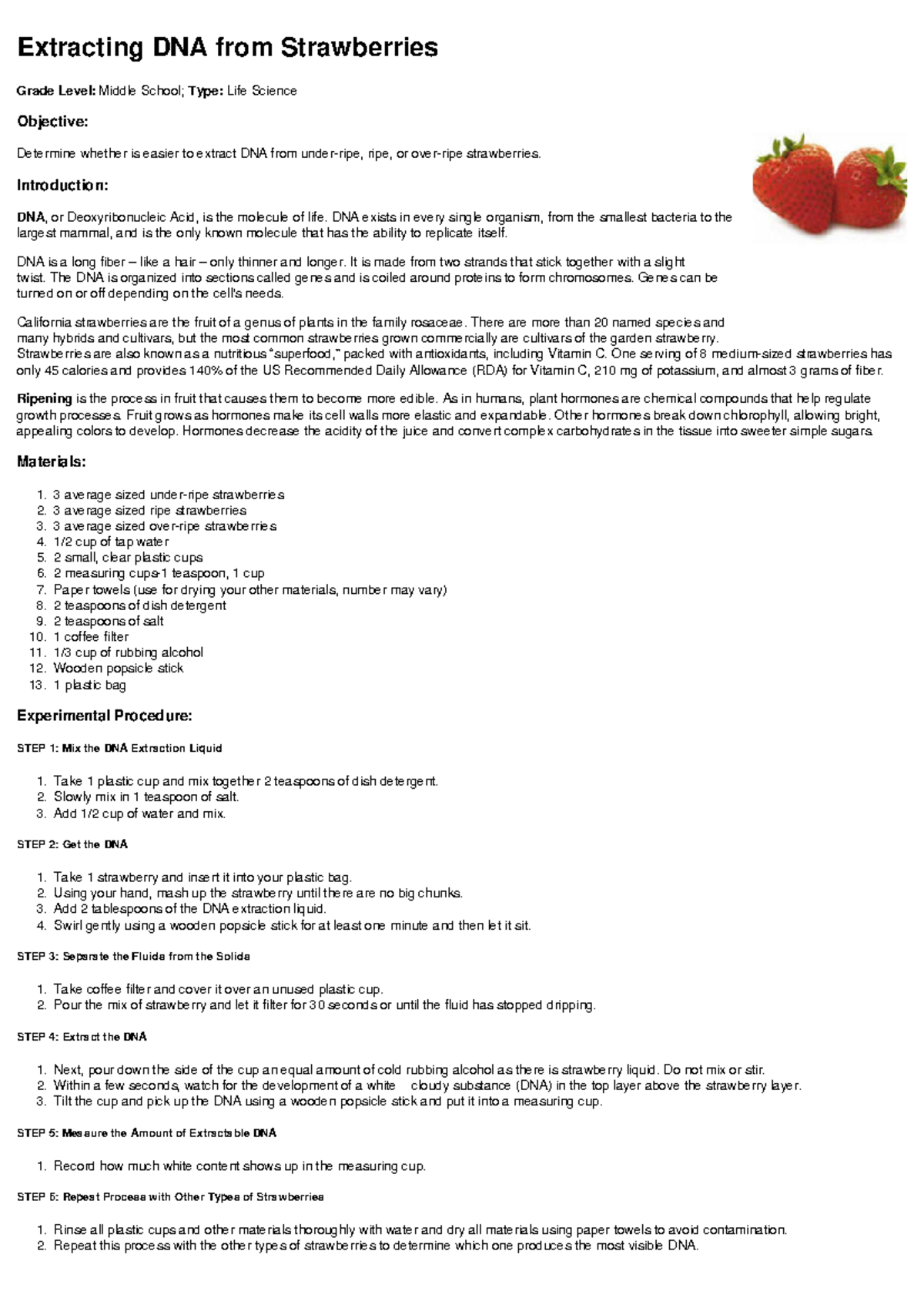 Middle School Life Science: DNA Extraction from Strawberries Experiment ...