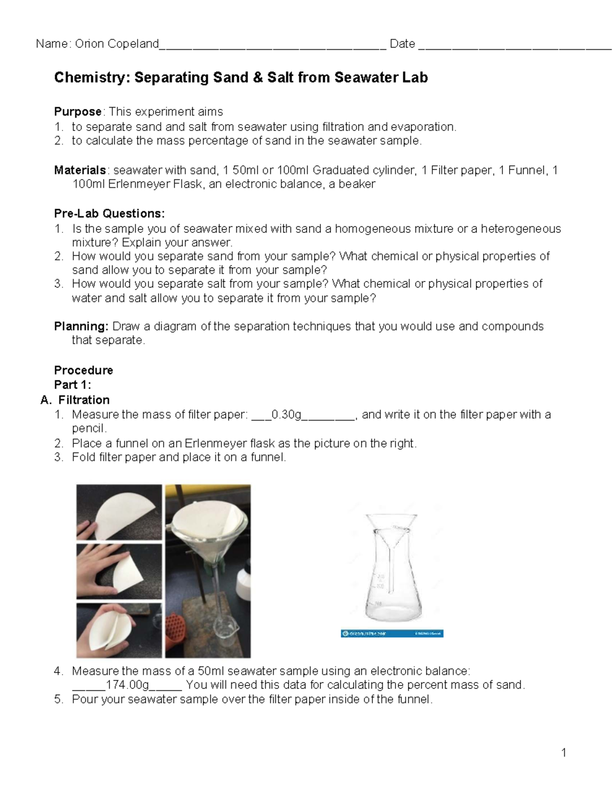 Chemistry Lab: Separating Sand & Salt from Seawater (Orion) - Studocu