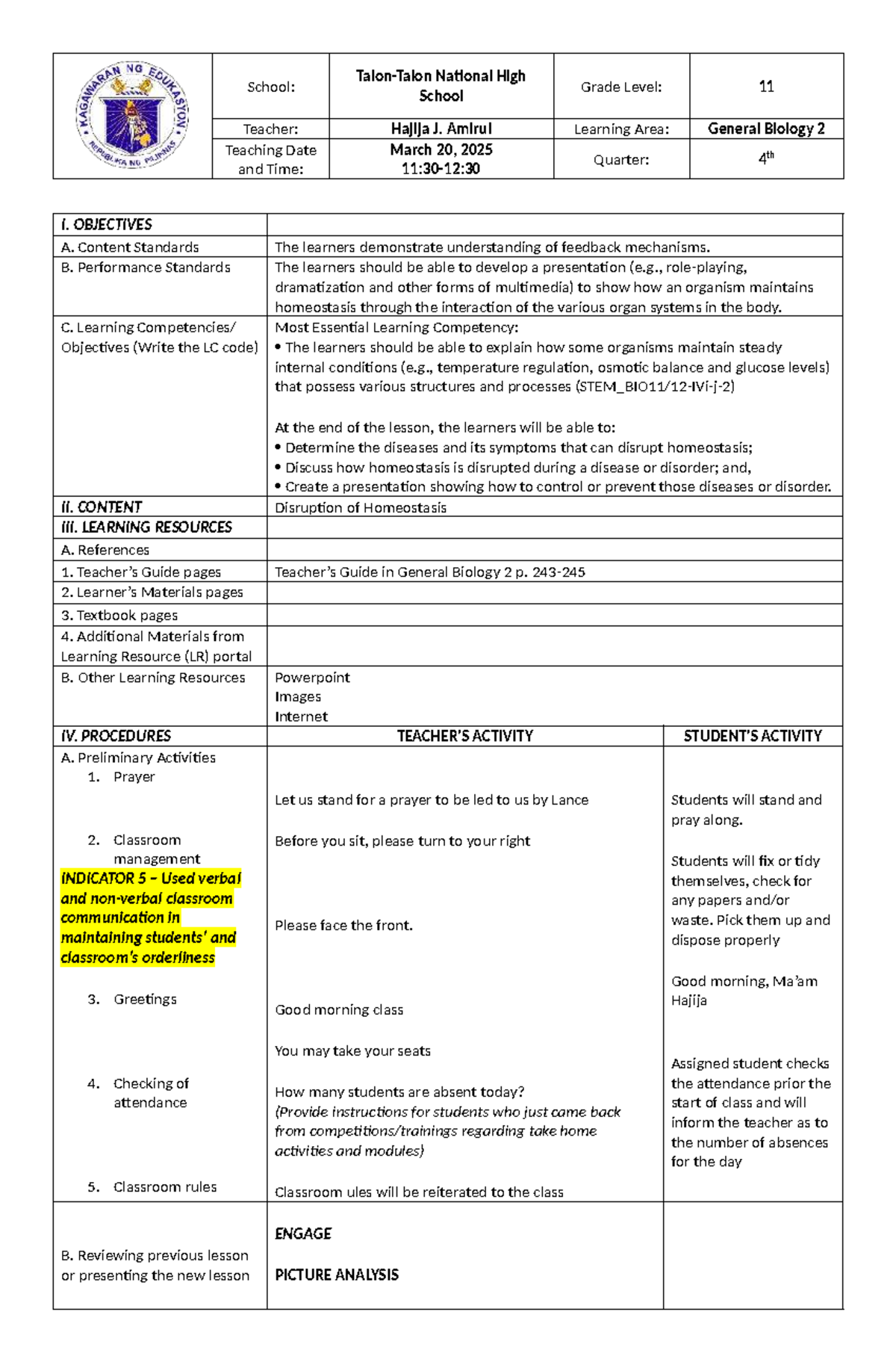 Final Lesson Plan for General Biology 2 (Grade 11) - Homeostasis - Studocu