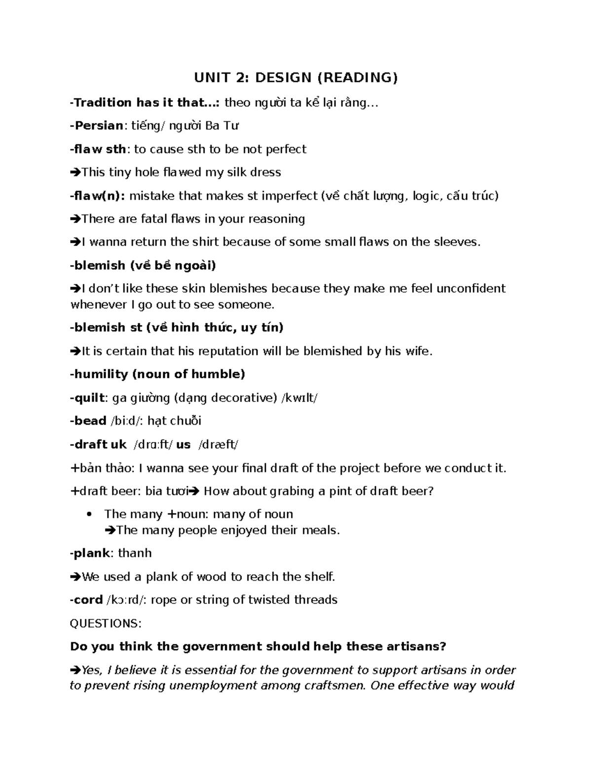 UNIT 2: DESIGN (READING) - Understanding Flaws and Artisans - Studocu