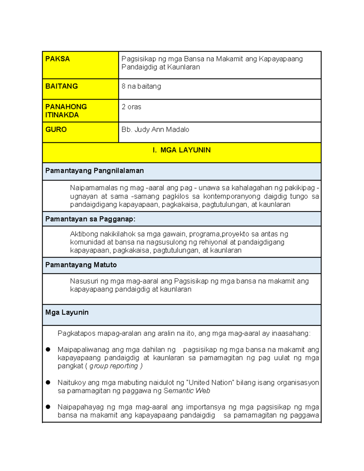 Lesson Plan: Pagsisikap ng Bansa sa Kapayapaan at Kaunlaran (BAITANG 8 ...
