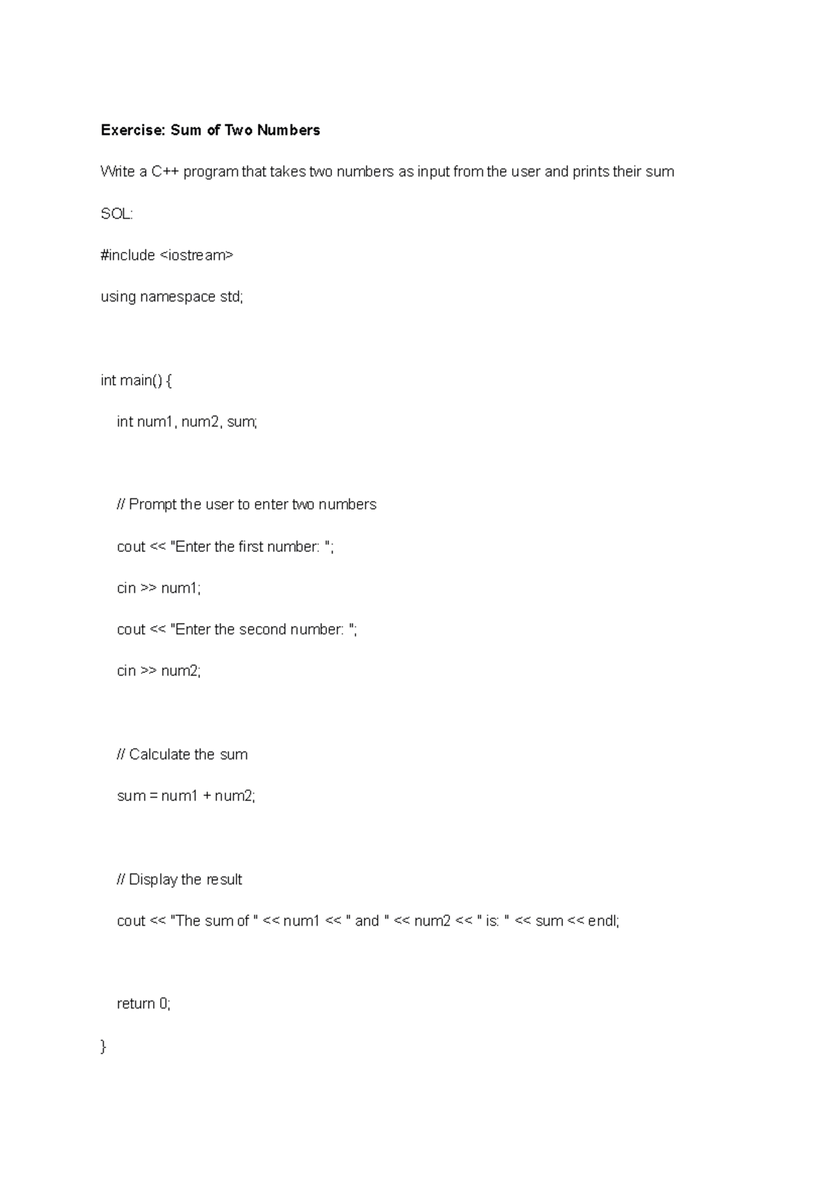C++ exercises - some c++ exercise - Exercise: Sum of Two Numbers Write ...