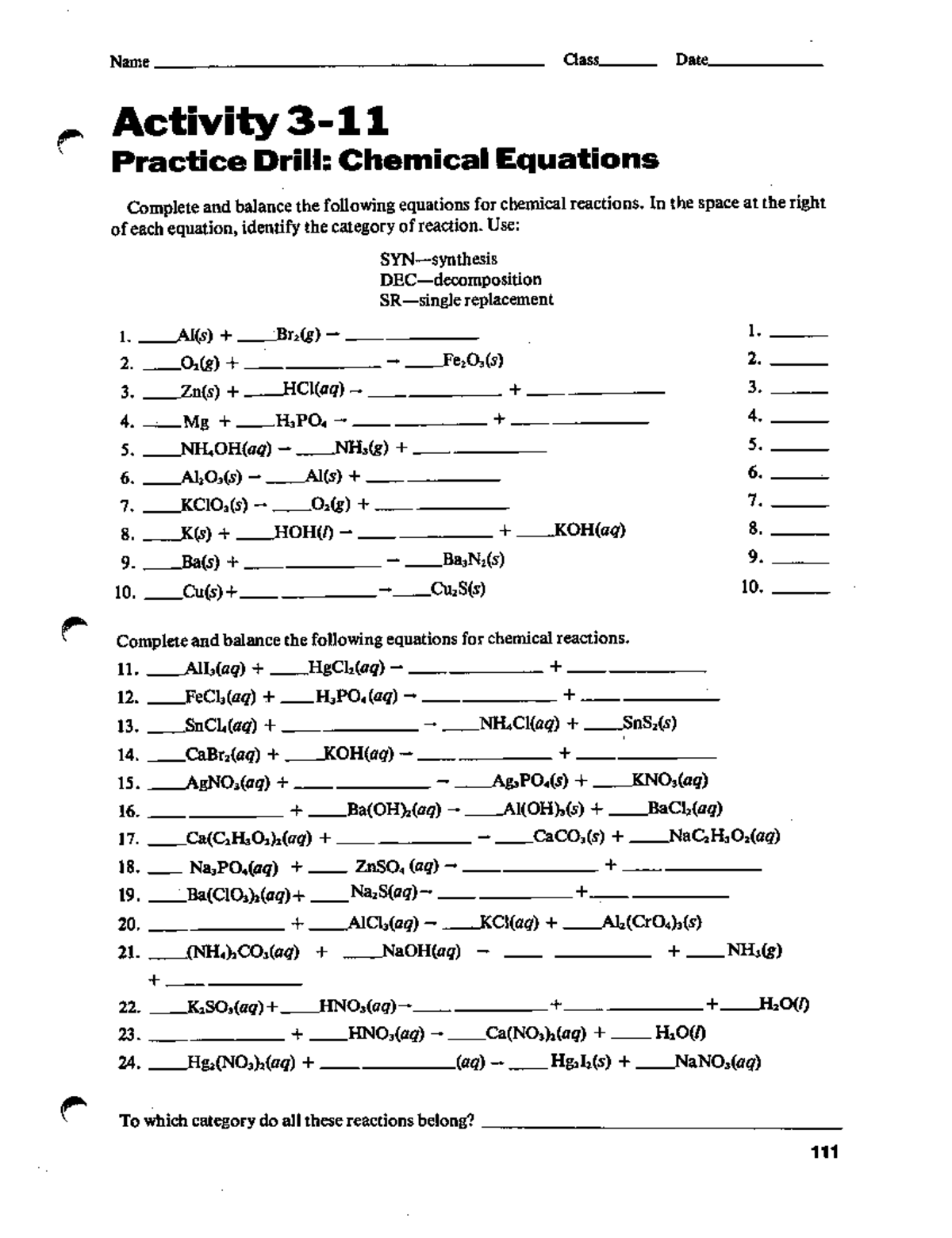 Types of Reactions Worksheet: Chemical Equations Practice Drill - Studocu