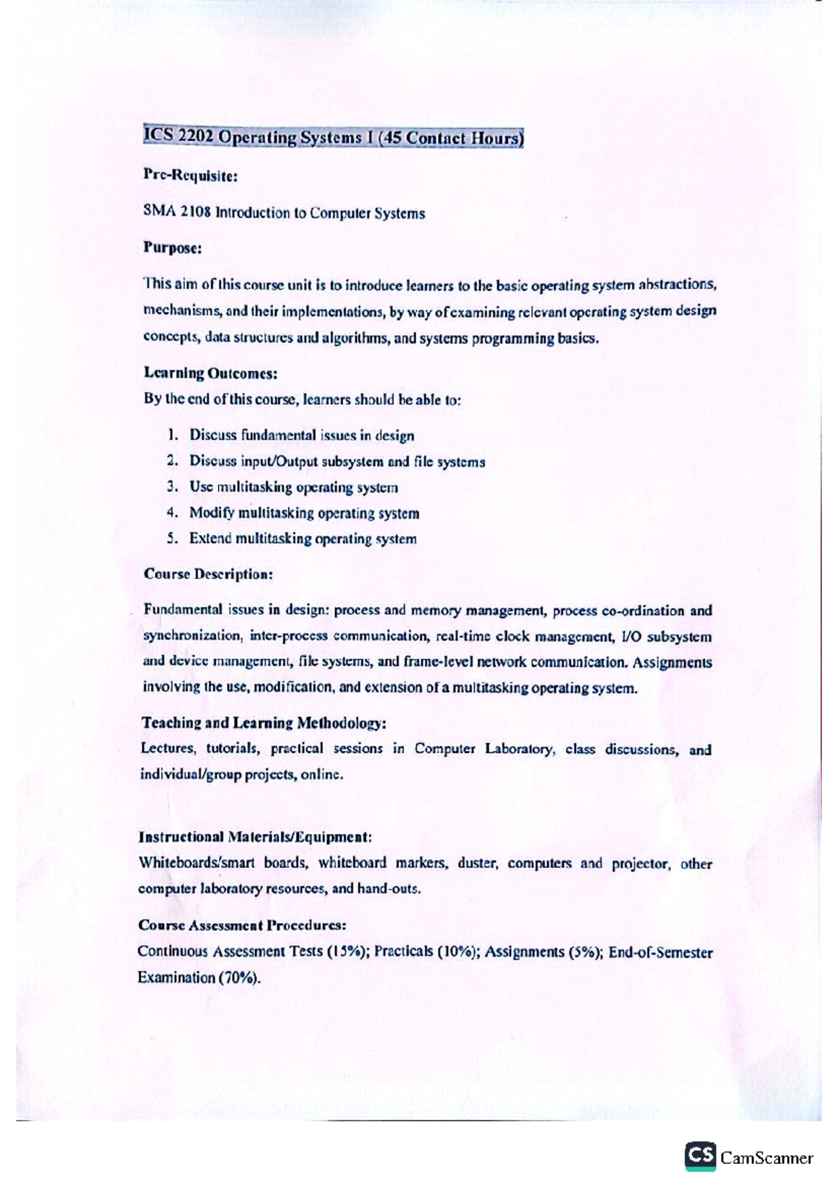 ICS 2202 Operating Systems I Course Outline and Learning Outcomes - Studocu