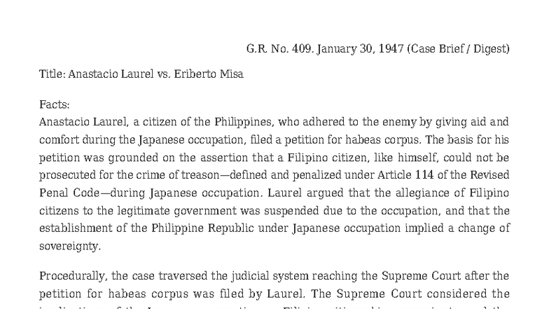 G.R. No. 409: Case Brief on Anastacio Laurel vs. Eriberto Misa (1947 ...