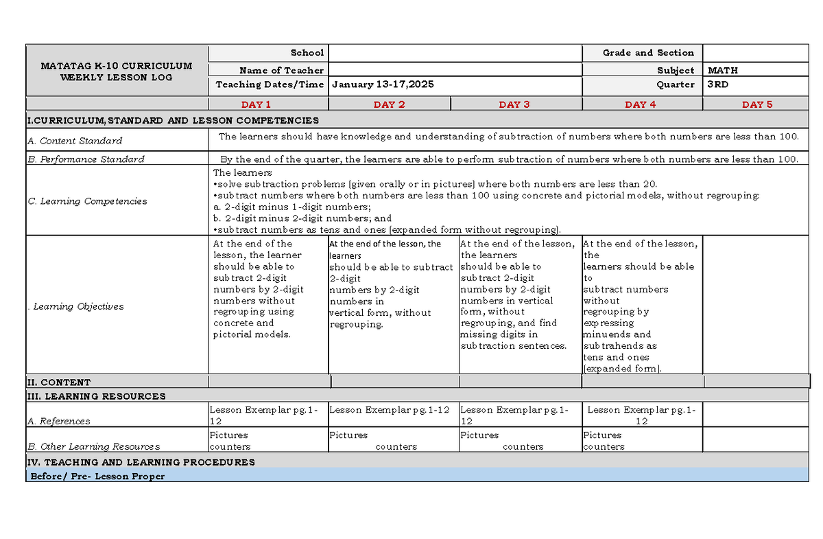 REPORT FOR MATH - MATATAG K-10 CURRICULUM WEEKLY LESSON LOG School ...