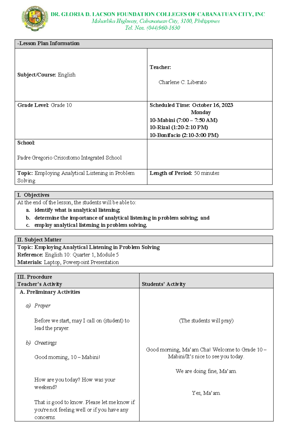 English 10 Lesson Plan: Analytical Listening in Problem Solving - Studocu