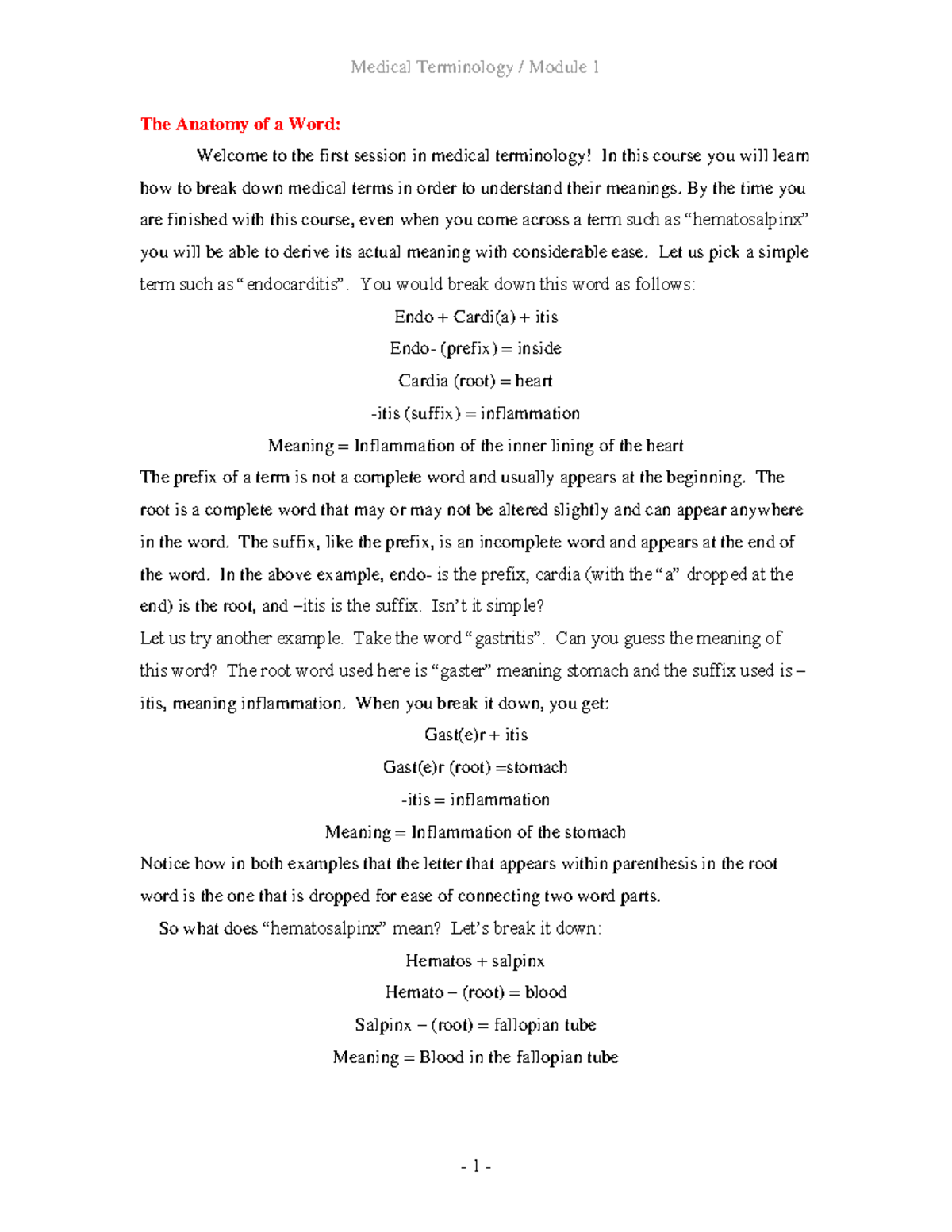 Medical Terminology Module 01: Anatomy of Words & Flashcard Exercises ...