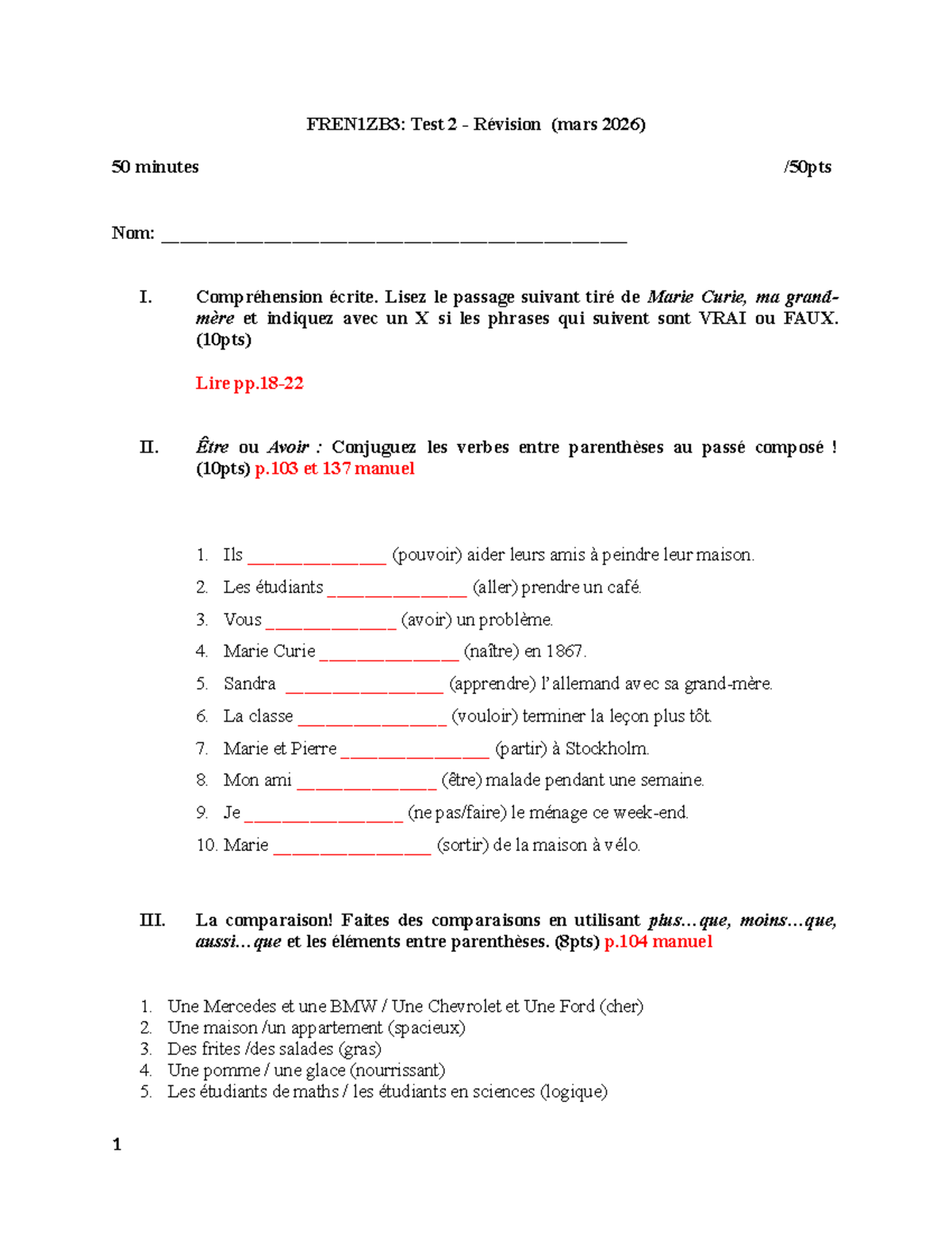 FREN1ZB3: Test 2 Révision - Compréhension Écrite et Conjugaison - Studocu