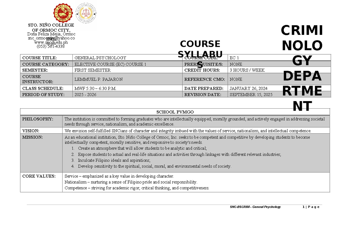 General Psychology Syllabus EC 1 - First Semester 2025-2026 - Studocu