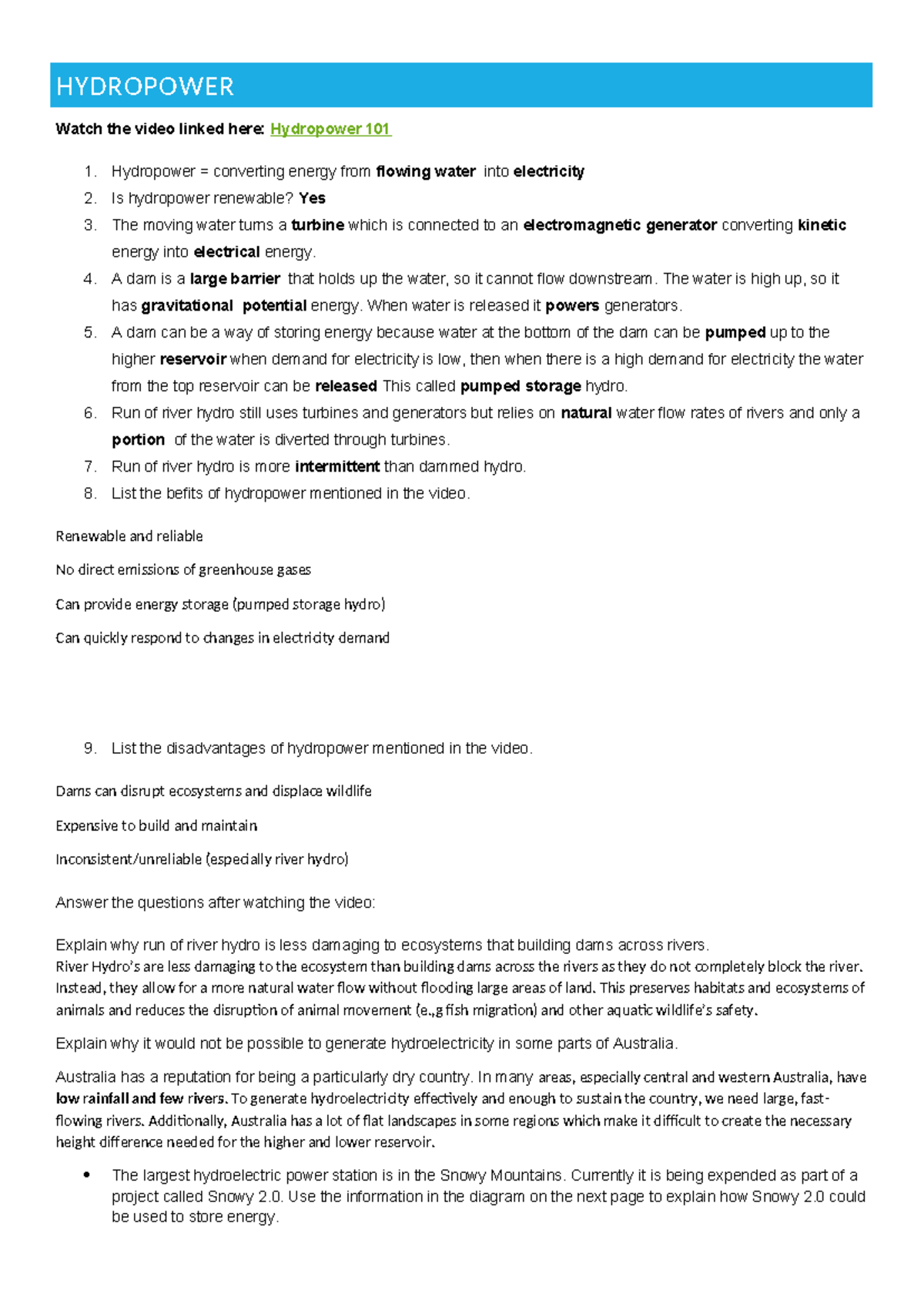 HYD 101: Hydropower Overview and Key Concepts Worksheet - Studocu