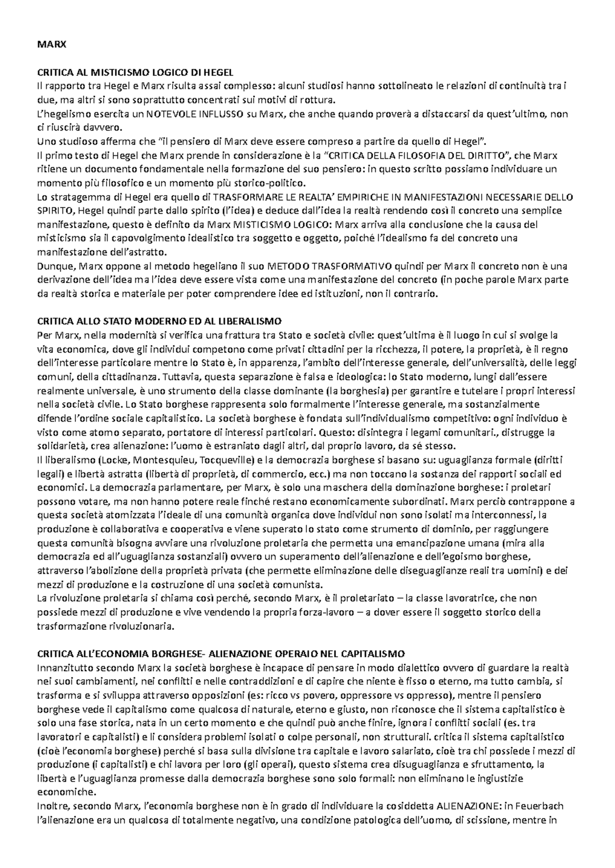 MARX 1 - Riassunto Breve della Critica al Misticismo di Hegel - Studocu