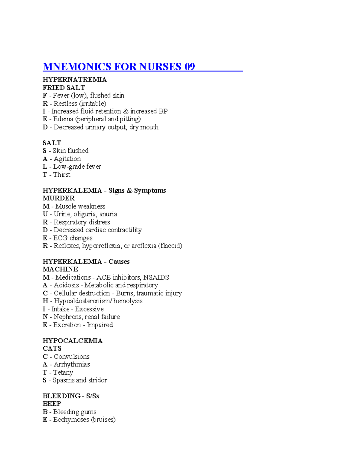 386439321-Nursing-Mnemonics - MNEMONICS FOR NURSES 0 9 ...