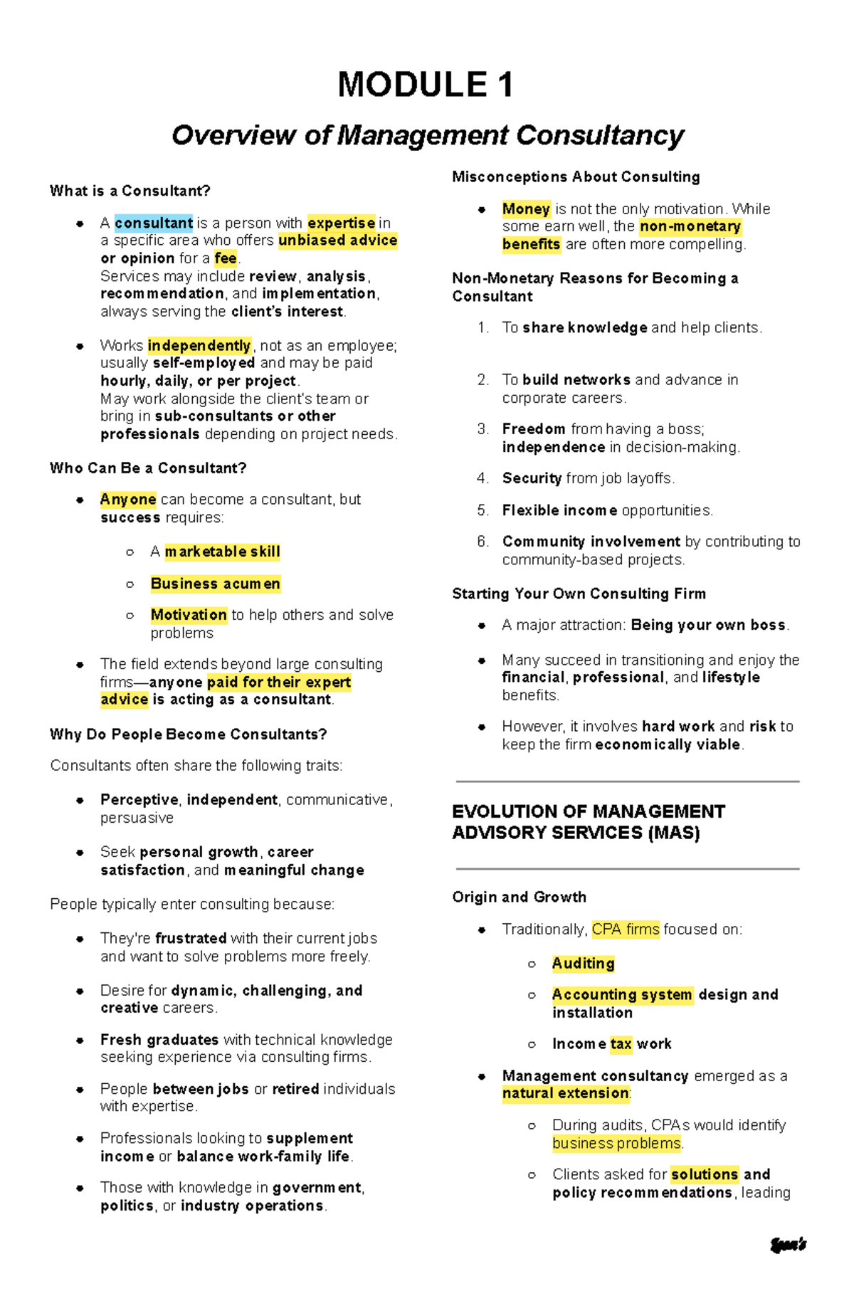 MODULE 1: Overview of Management Consultancy and Consultant Roles - Studocu