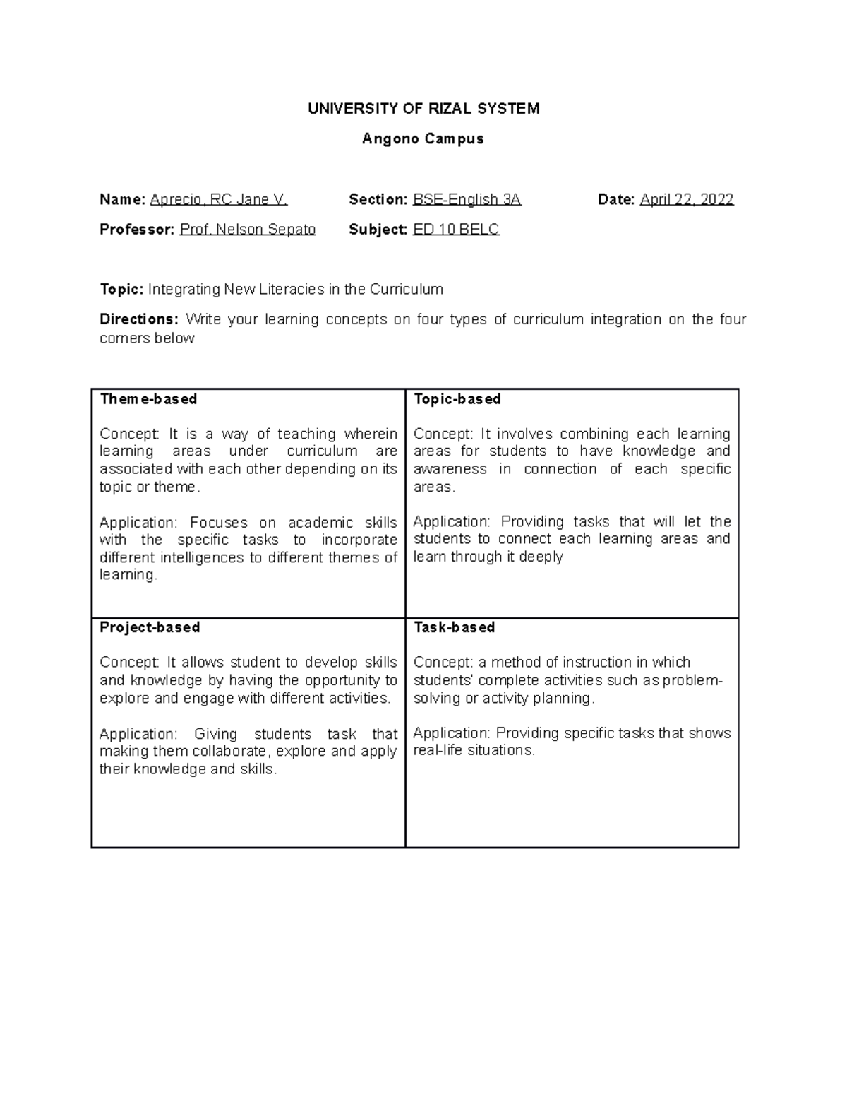 Activity 3 - Aprecio - ED 10 1. Factual/Convergent Closed/Low level 2 ...
