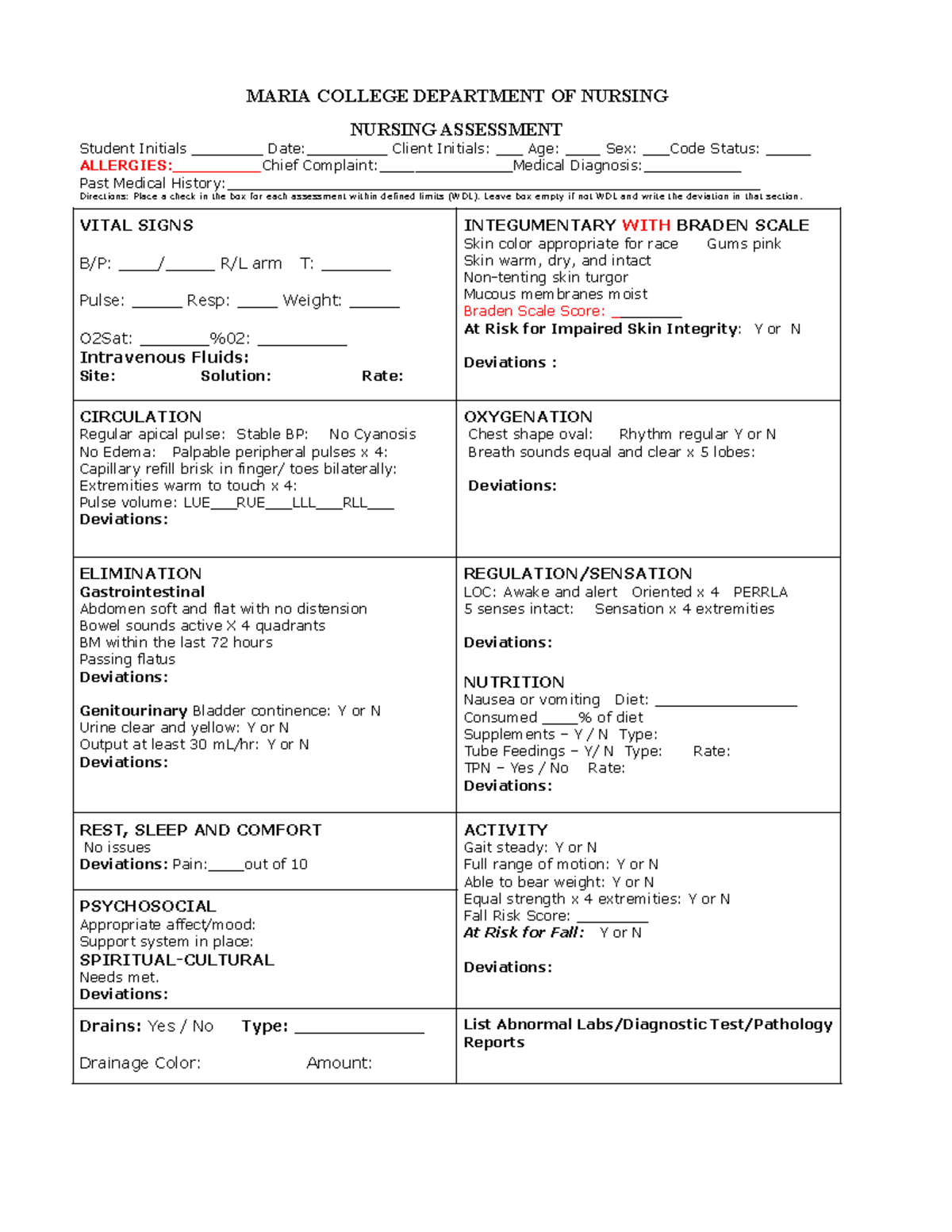 NUR 2025 Physical Assessment Form for Nursing Students - Studocu