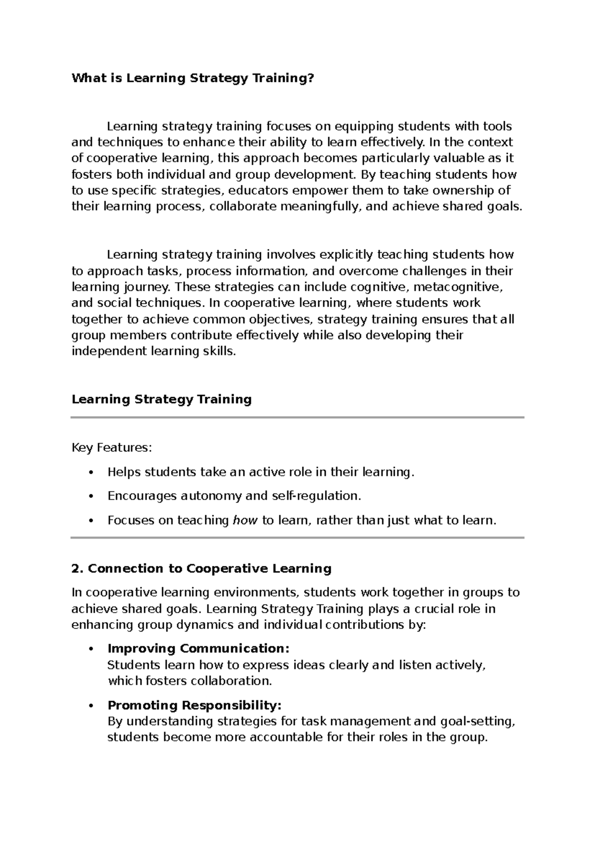 Learning Strategy Training: Enhancing Cooperative Learning Skills - Studocu