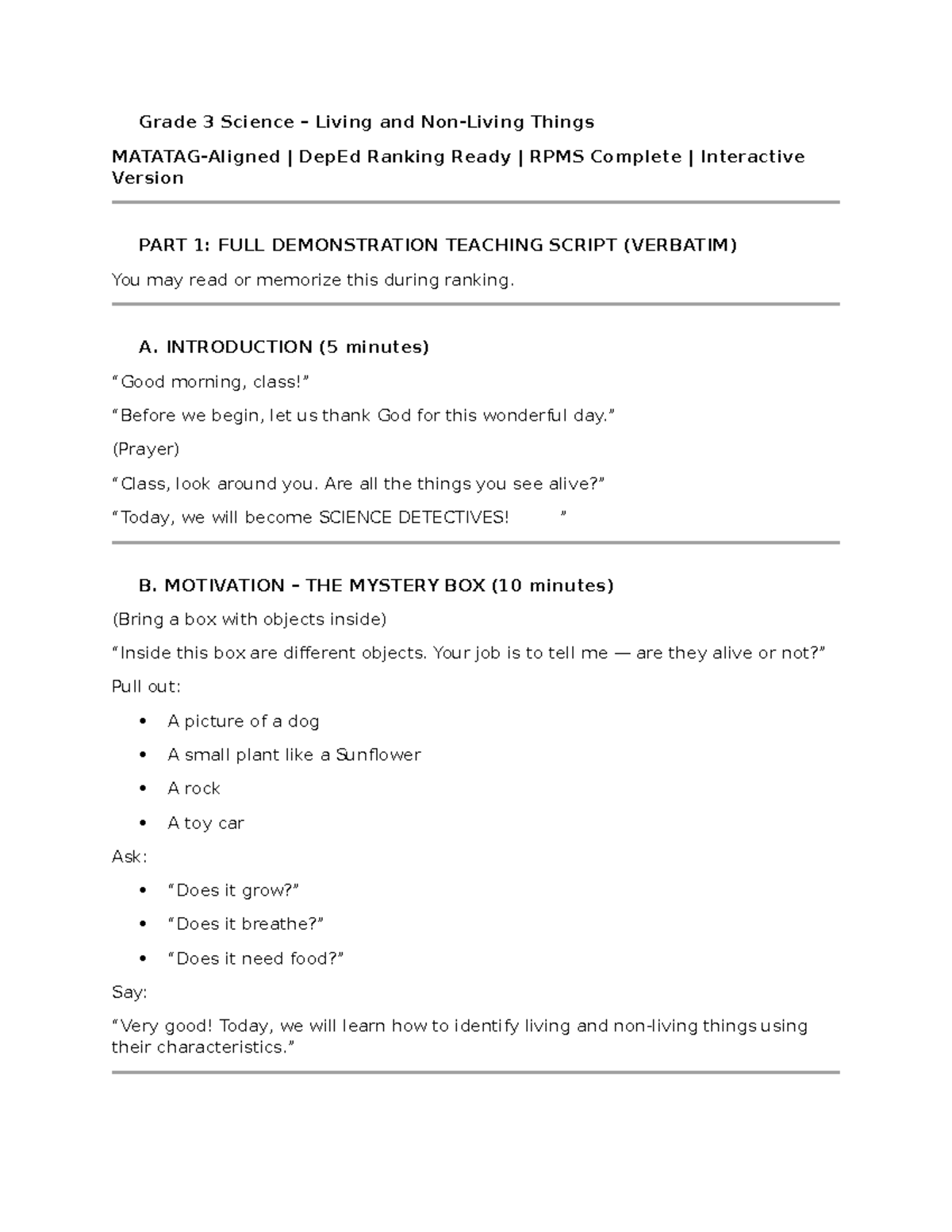 Grade 3 Science LP: Living and Non-Living Things Interactive Guide ...