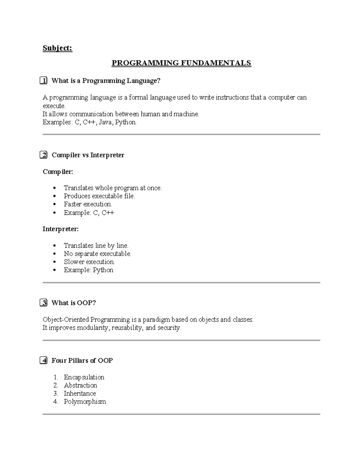 Programming Fundamentals (CS101): Key Concepts and Interview Q&A Notes ...