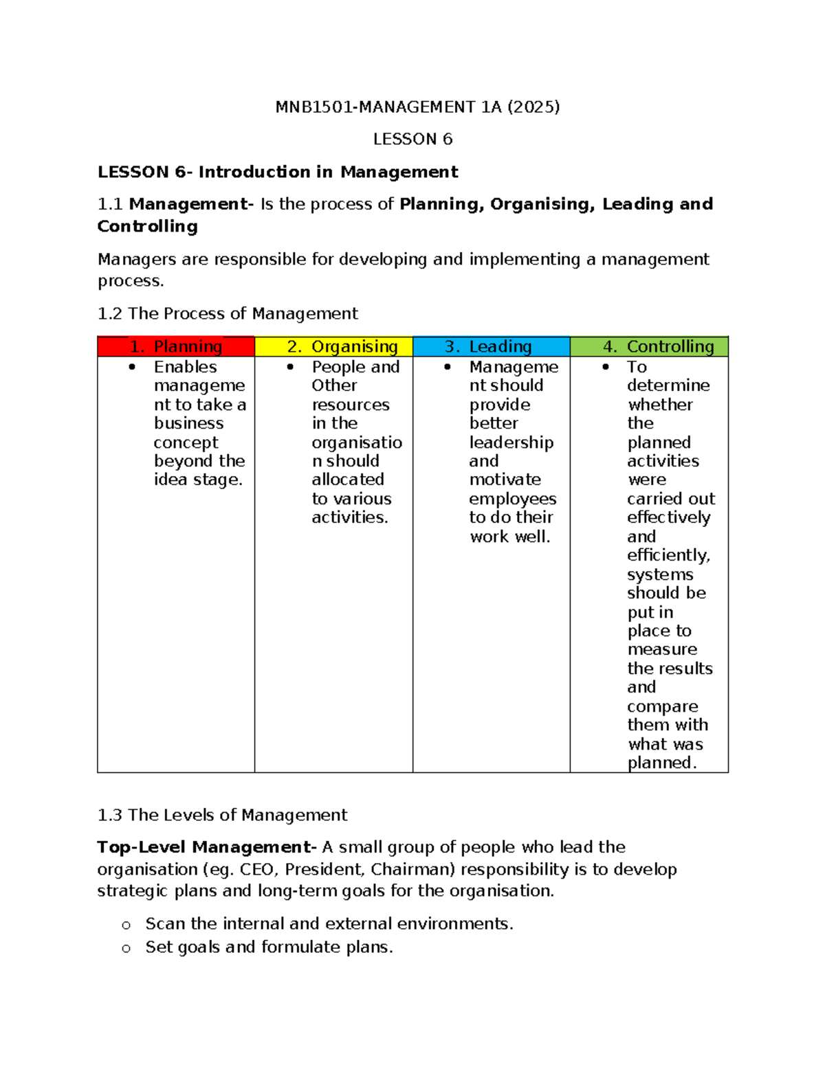 MNB1501-Management 1A (2025) lesson 6: Introduction to management ...