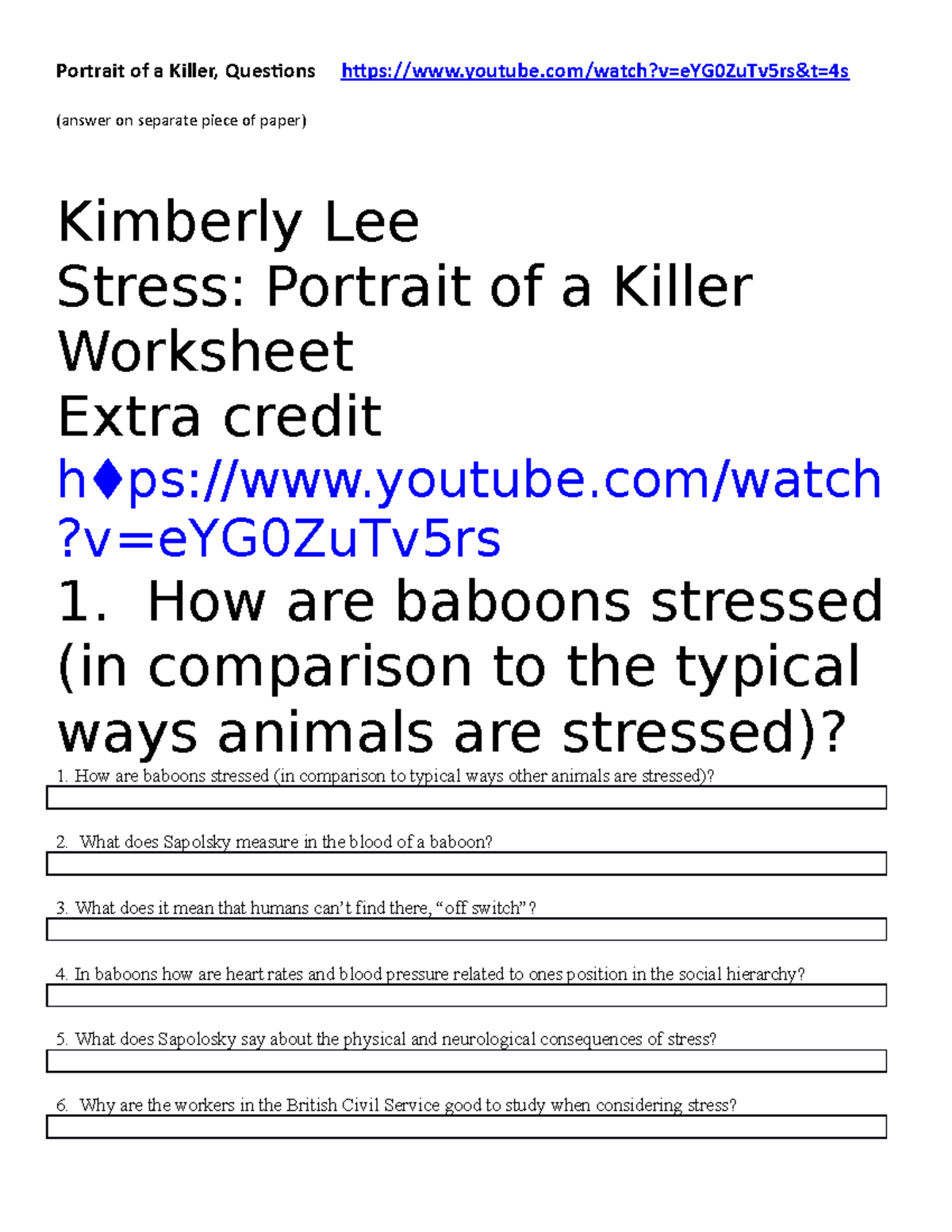 Portrait of a Killer Questions - How are baboons stressed (in ...