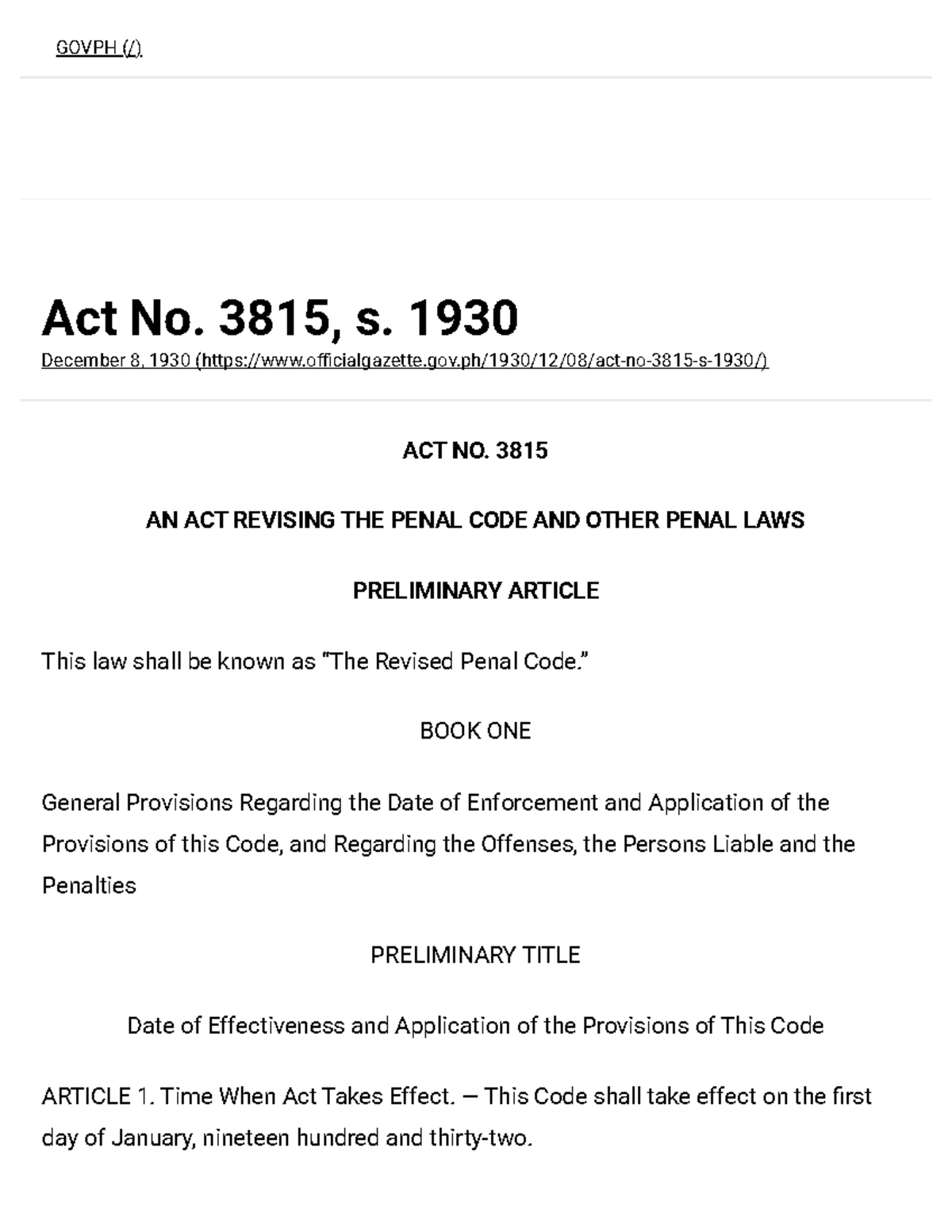 GOVPH Act No. 3815, s. 1930: Full Text of the Revised Penal Code - Studocu