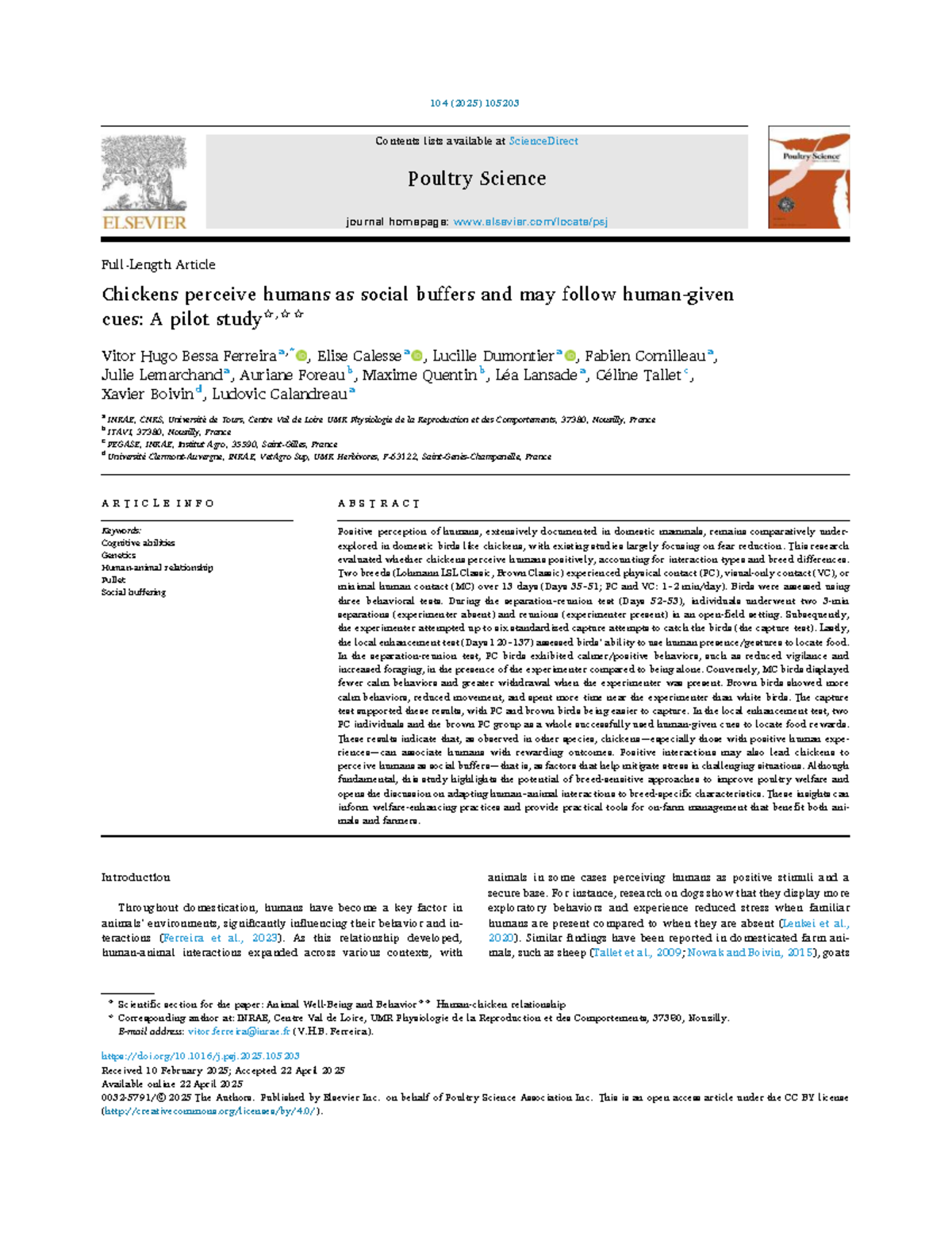 Chickens and Humans: Social Buffers in Poultry Welfare (104 105203 ...