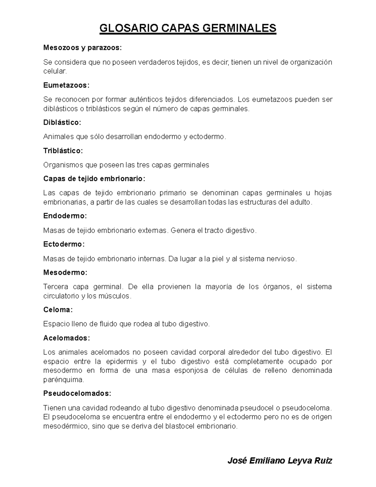 Glosario de Capas Germinales en Mesozoos y Parazoos - Studocu