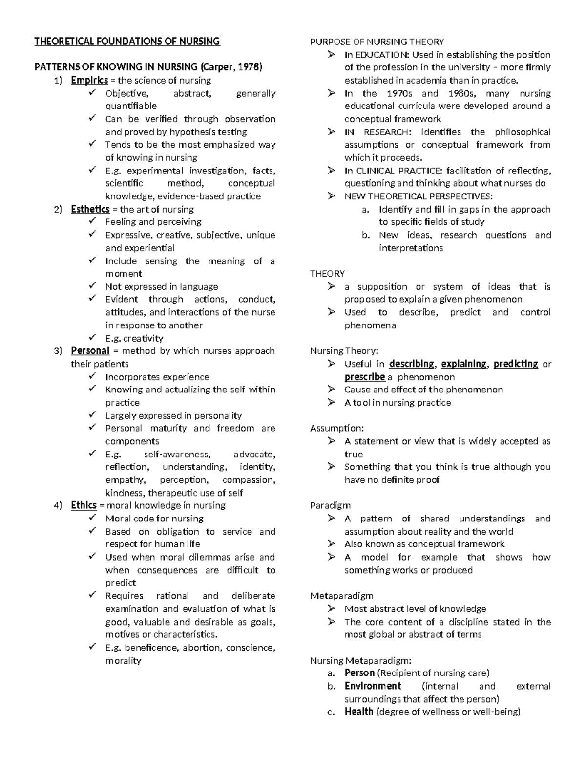 Theoretical Foundations of Nursing: Patterns of Knowing (NURS 101 ...