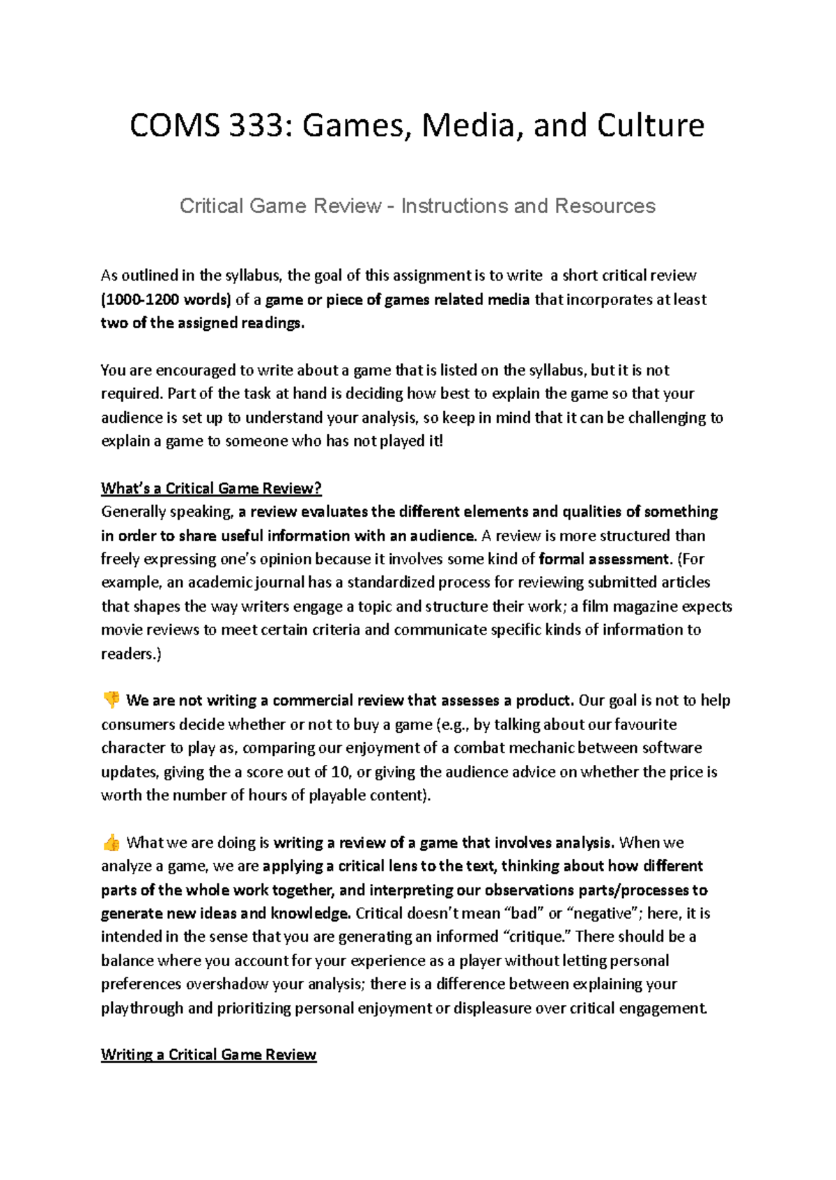 Critical Game Review - Instructions and Resources - COMS 333: Games ...