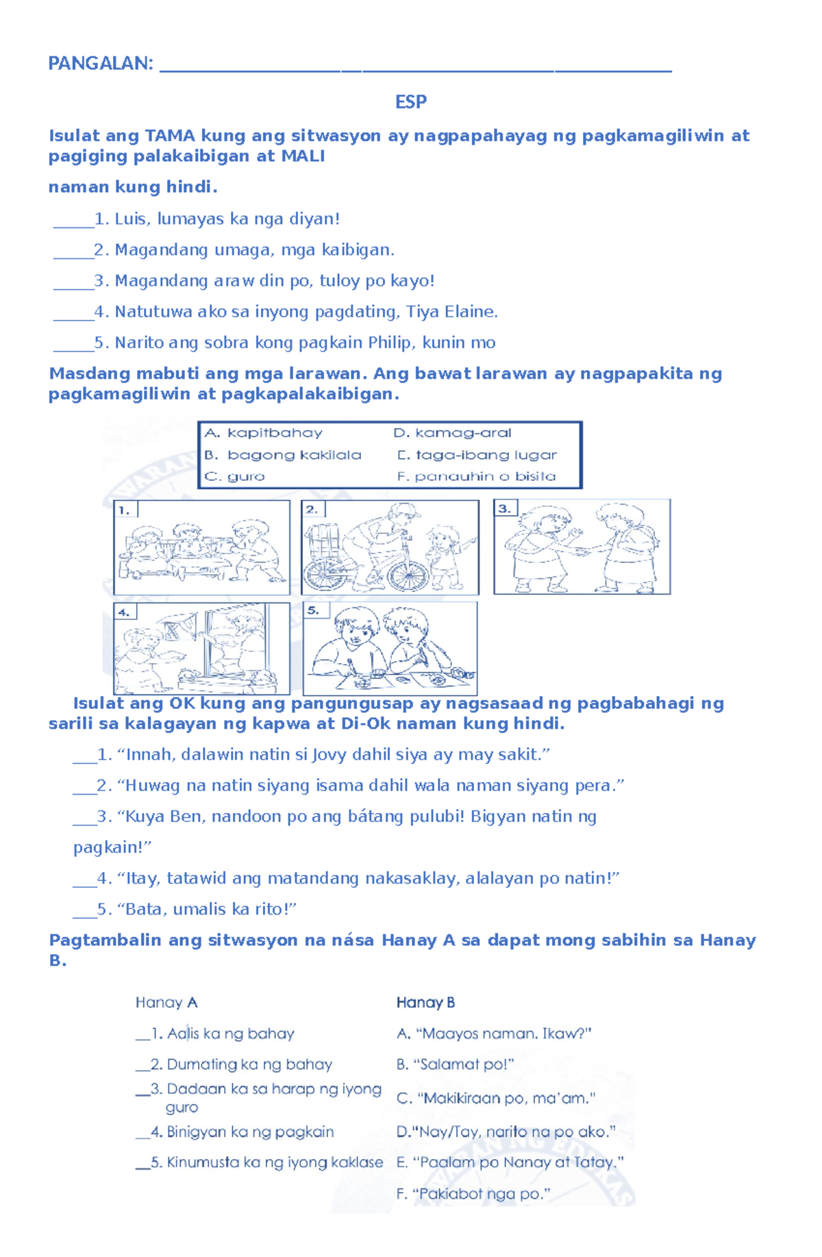 2ND Quarter Summative W1-W4 - PANGALAN: ________________________________________________ ESP ...