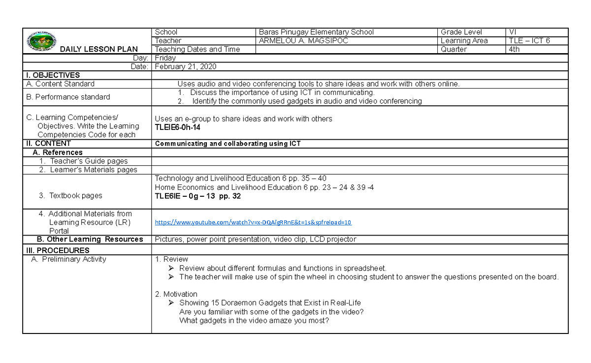 TLE-ICT 6 Daily Lesson Plan: Communicating with Audio & Video Gadgets ...
