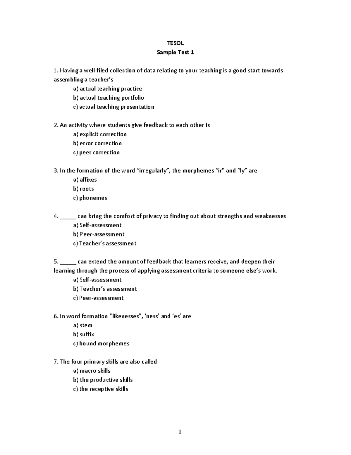 TESOL Sample Test 1: Key Concepts and Language Skills Evaluation - Studocu