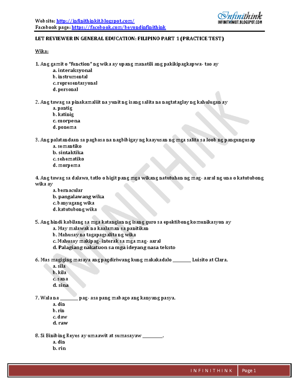 GEN ED Filipino - LET Reviewer Part 1: Practice Test and Exercises ...