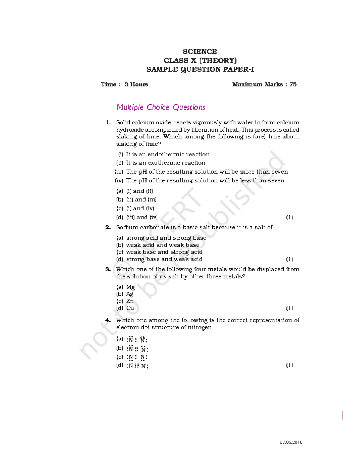 SCIENCE CLASS X (THEORY) SAMPLE QUESTION PAPER - Studocu