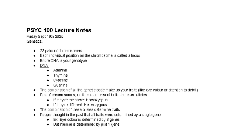 PSYC 100 Lecture Notes: Genetics and Behavioural Insights - Studocu