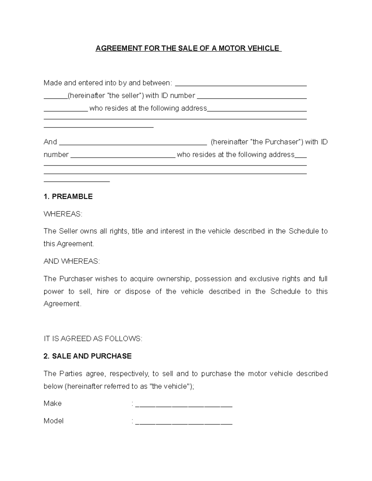 Motor Vehicle Sale Agreement Template: Legal Document Overview - Studocu