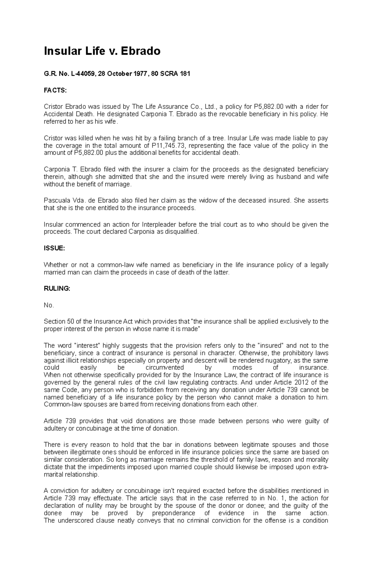 Insular Life v. Ebrado Case Digest - Legal Ruling on Beneficiary Rights ...