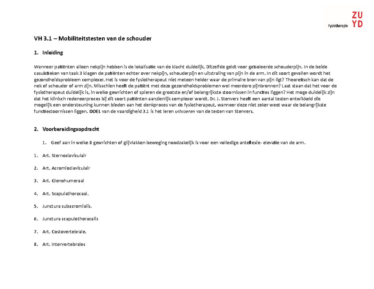 VH 3.1 Stenvers Testen voor Schoudermobiliteit en Evaluatie - Studeersnel