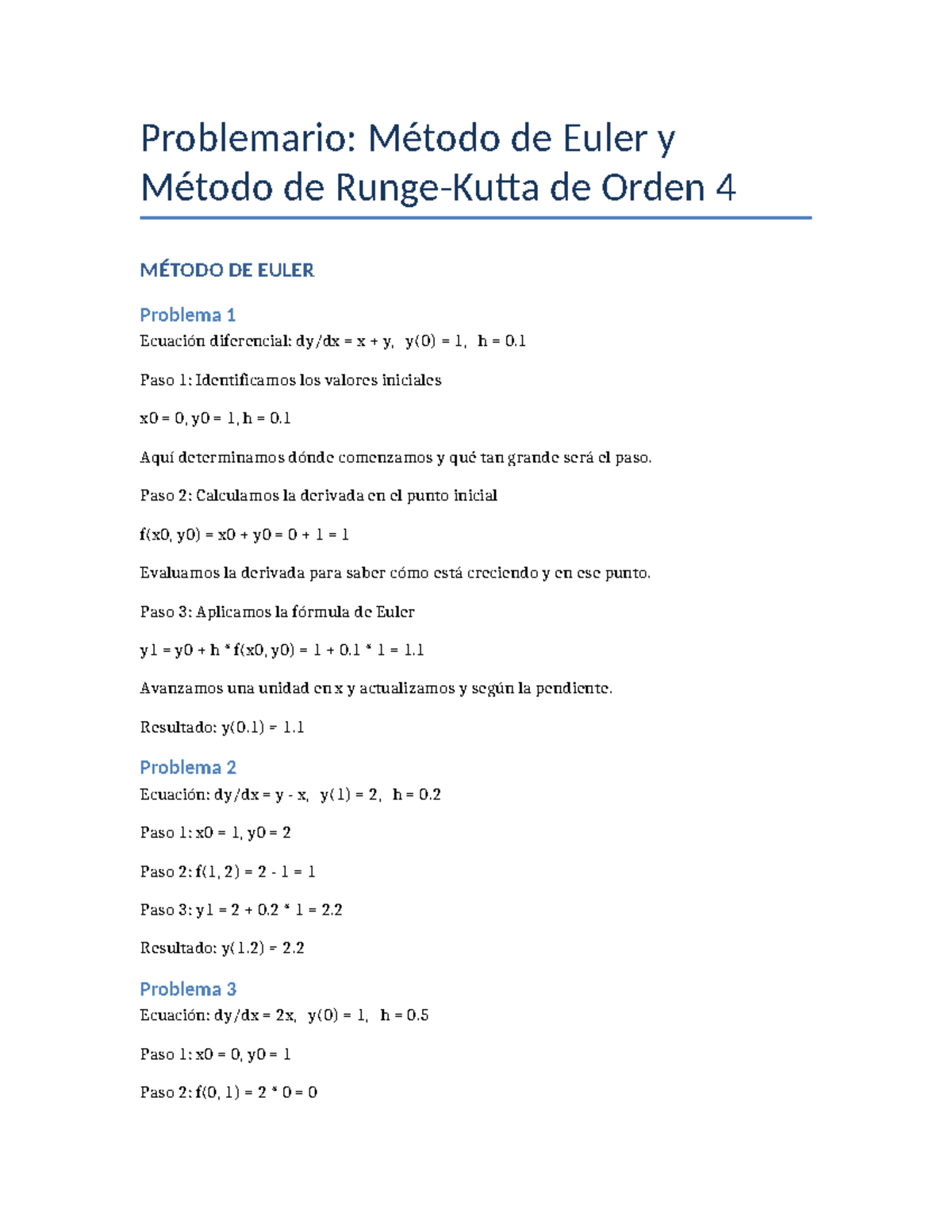 Problemario: Método de Euler y RK4 - Ejercicios Resueltos - Studocu