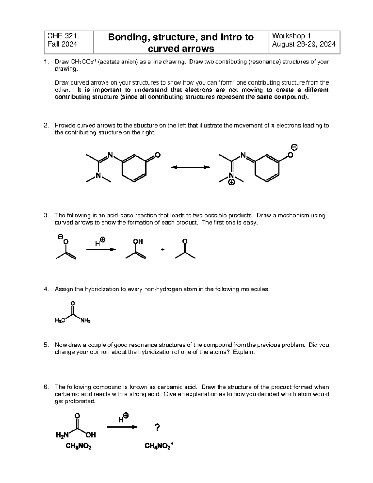 CHE 321 Fall 2024 Workshop 1: Bonding & Curved Arrows Mechanics - Studocu