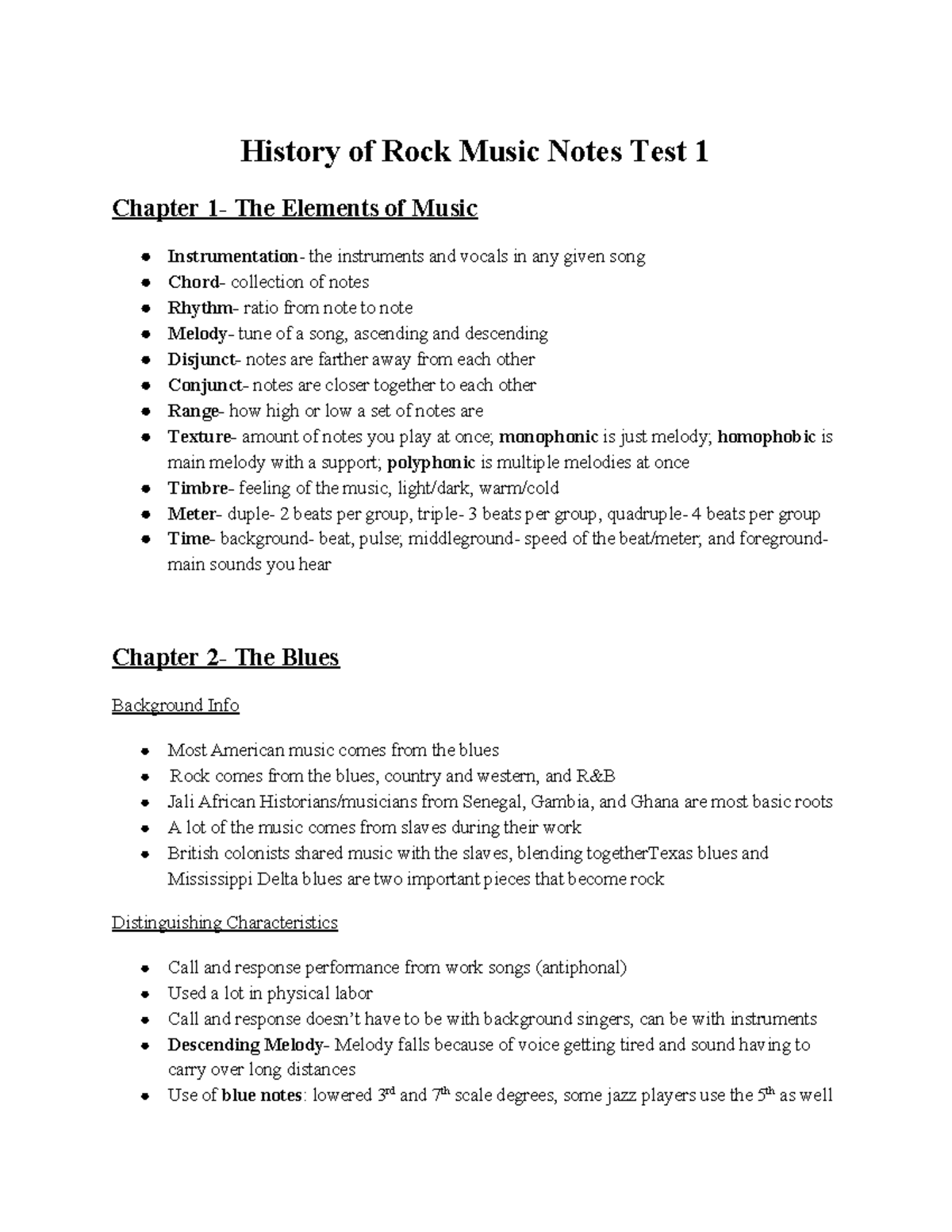 History of Rock Music Notes: Key Elements and Styles (Test 1) - Studocu