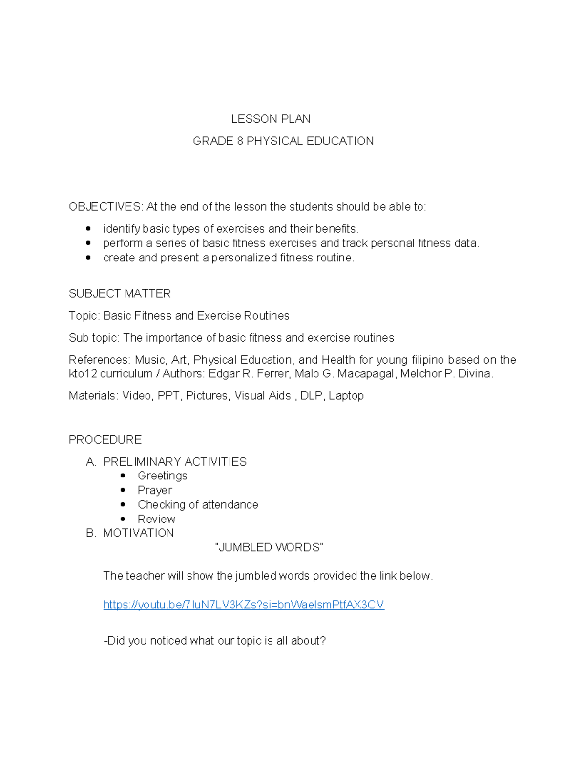 Lesson Plan for Grade 8 PE: Basic Fitness & Exercise Routines - EDUC ...