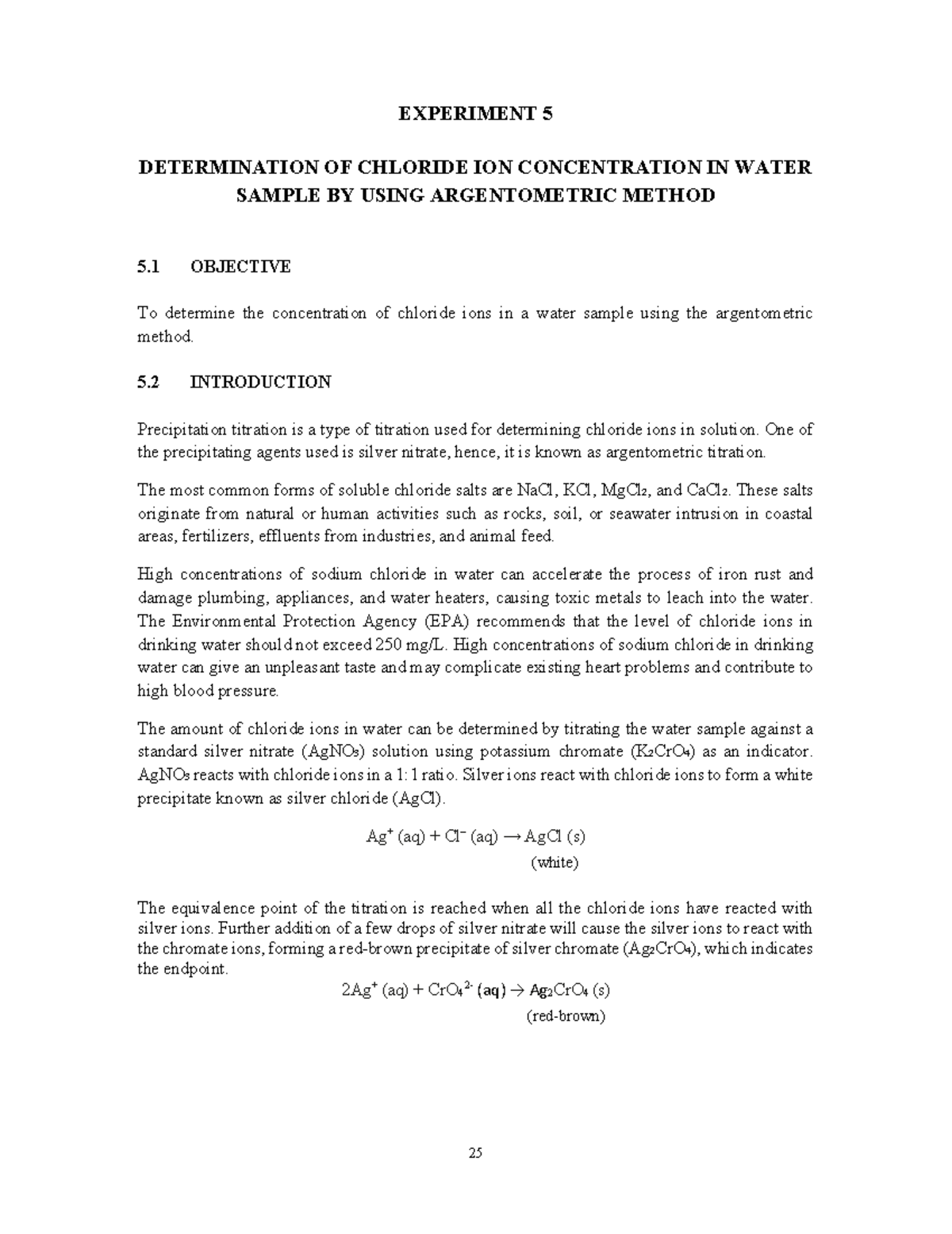 Experiment 5: Chloride Ion Concentration in Water via Argentometric ...