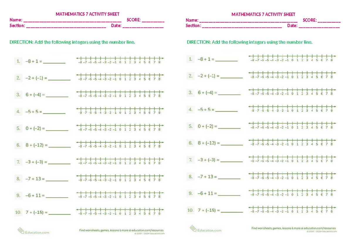 MATHEMATICS 7 ACTIVITY SHEET: Adding Integers Using Number Line - Studocu