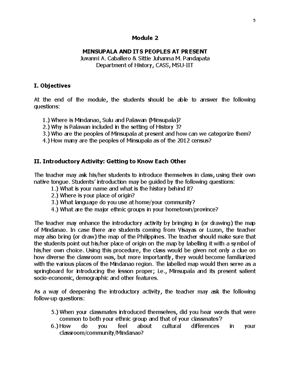 Module 2: Understanding Minsupala and Its Peoples Today - History 3 ...