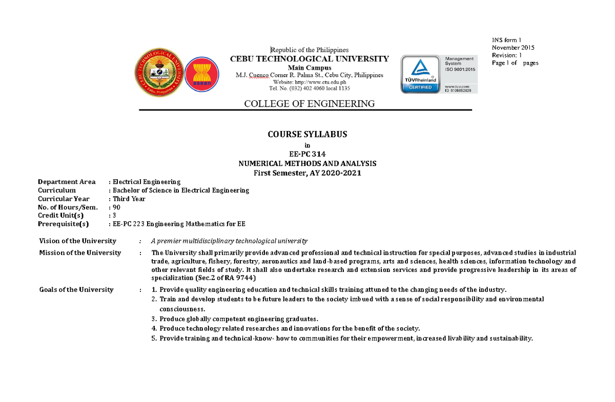 EE-PC 314 Numerical Methods and Analysis Course Syllabus (AY 2020 ...