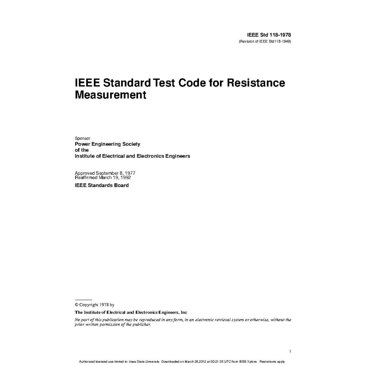 IEEE Std 118-1978: Standard Test Code for Measuring Resistance - Studocu