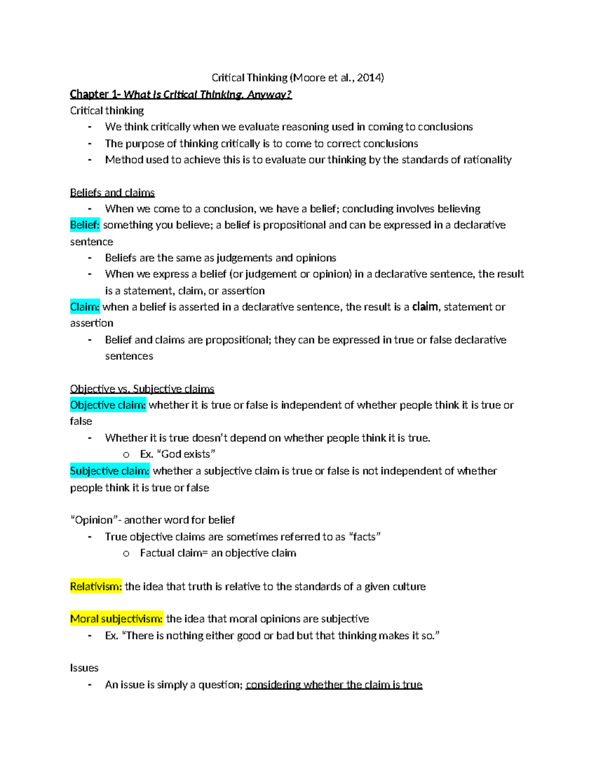 Critical Thinking (Moore et al., 2014) Chapter: Understanding Critical ...