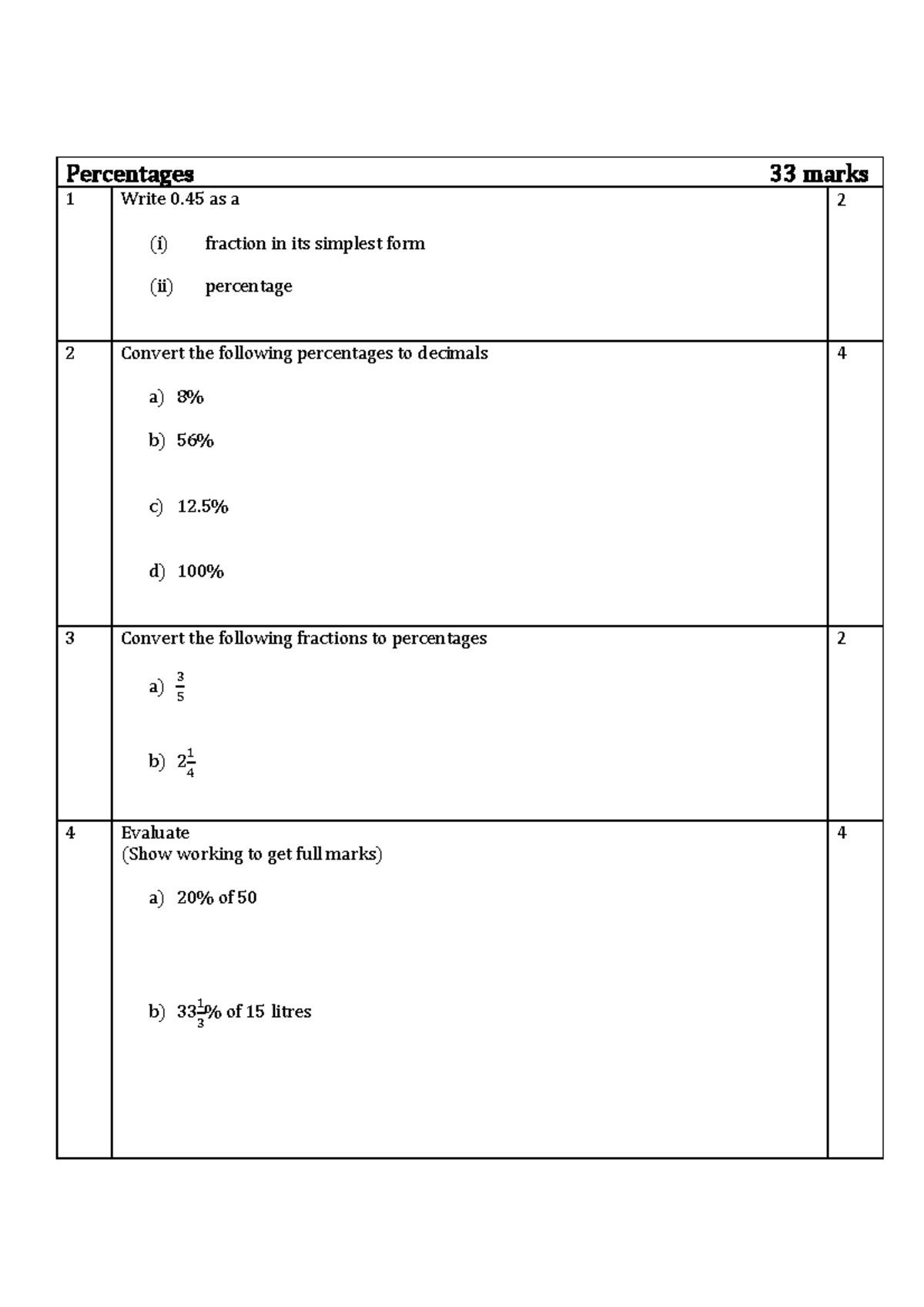 Year 8 Math Test (2020) - Percentages, Fractions, and Decimals - Studocu
